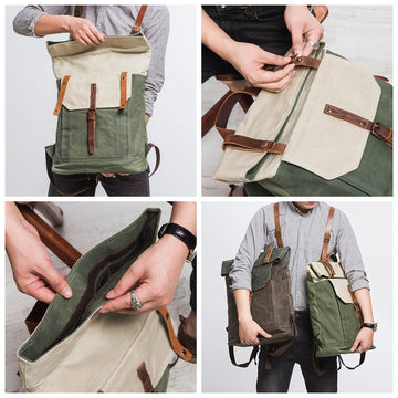 Handcrafted Canvas Leather Travel Backpack Casual Canvas Daypack Lapto ...